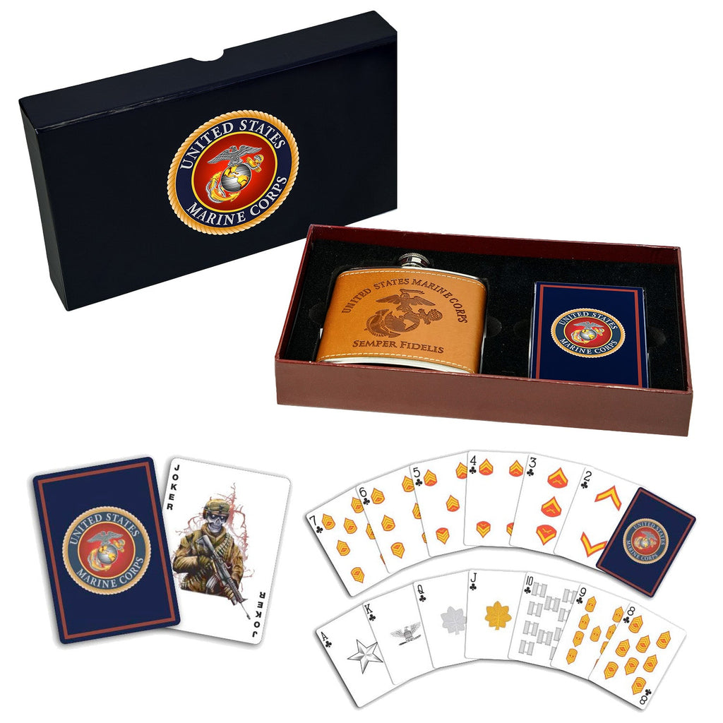 USMC Flask and Marine Corps Playing Cards Set