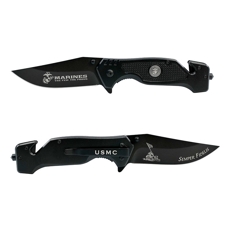 Marine Corps Folding Spring Assisted USMC Tactical Knife -Black Steel