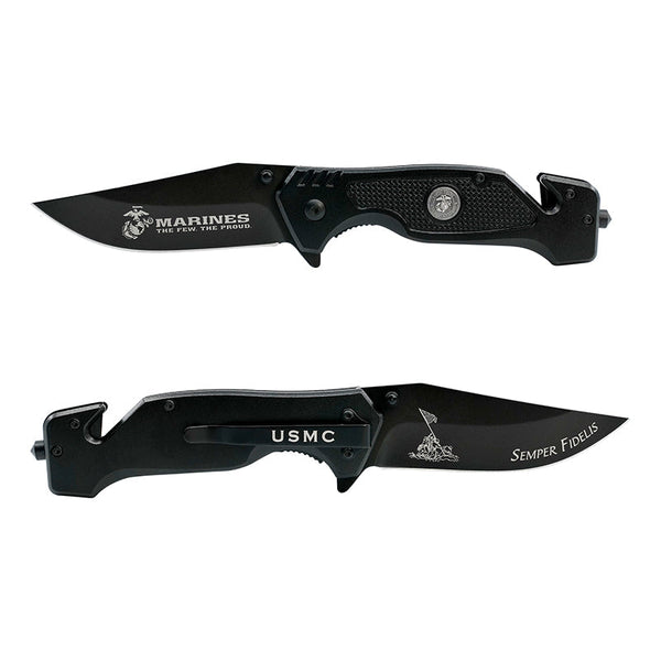 Marine Corps Folding Spring Assisted USMC Tactical Knife -Black Steel